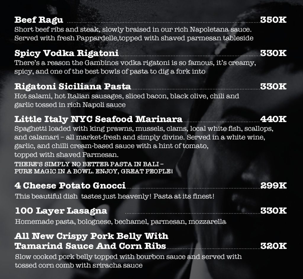 Food Menu the Best Steakhouse in Seminyak - Gambinos Bali